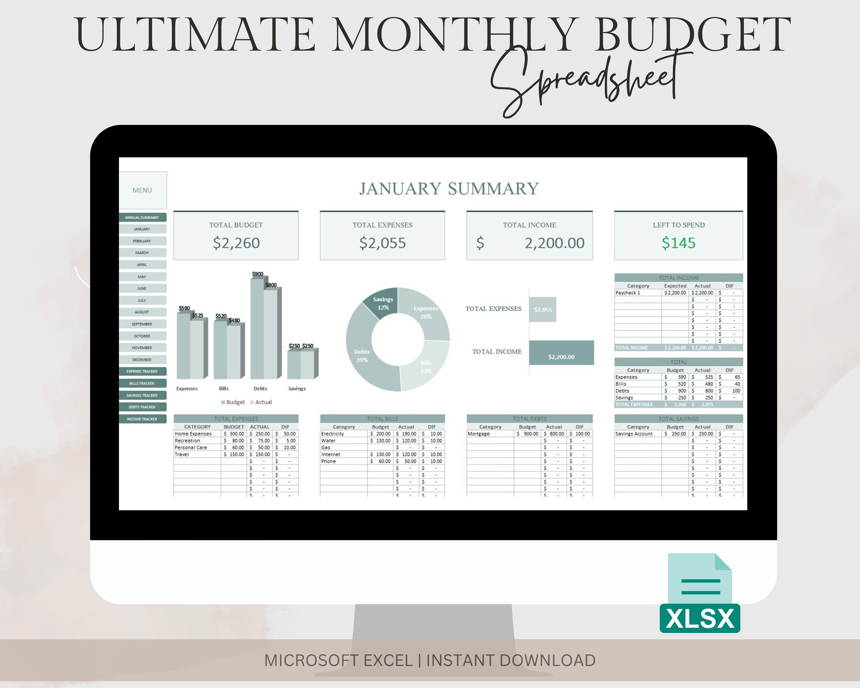 Ultimate Monthly Budget Spreadsheet Template for Excel, Annual Budget ...