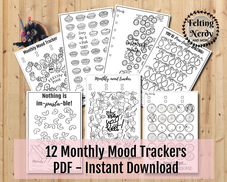 Bullet Journal Trackers Bundle, Coloring Pages, 12 Mood Tracker Bundle ...