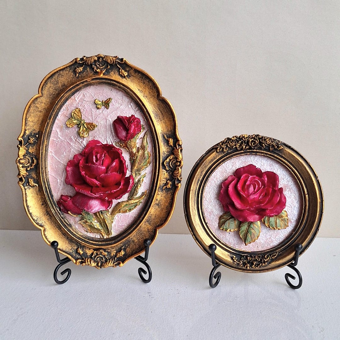 Mini Red Roses Relief Wall Art Set, Vintage Sculptural Painting, Shabby ...