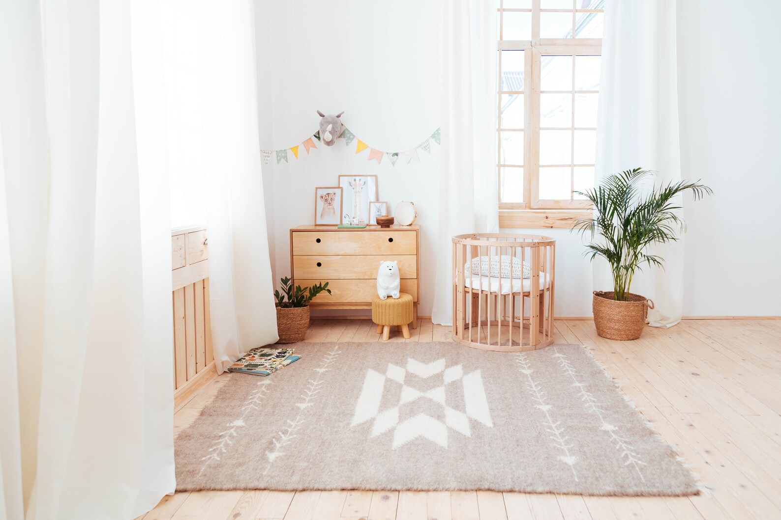 Neutral Beige Aztec Rug With White Pattern 5x7, Large Wool Area Rug ...