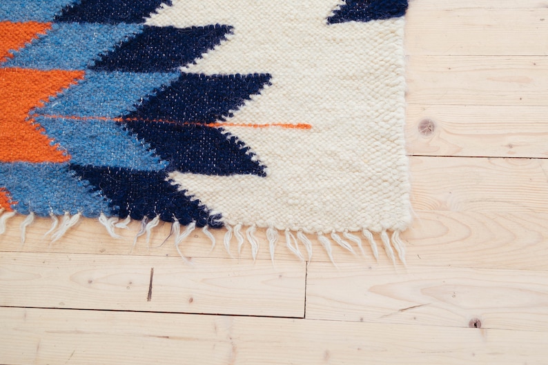 White Navy Blue Aztec Area Rug 92х56, Indigo Blue Boho Rug With Orange ...