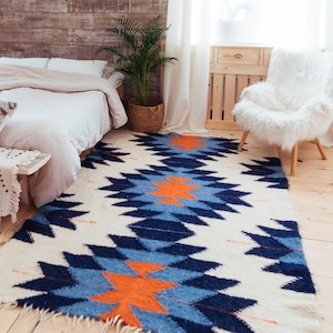 White Navy Blue Aztec Area Rug 92"х56", Indigo Blue Boho Rug With ...