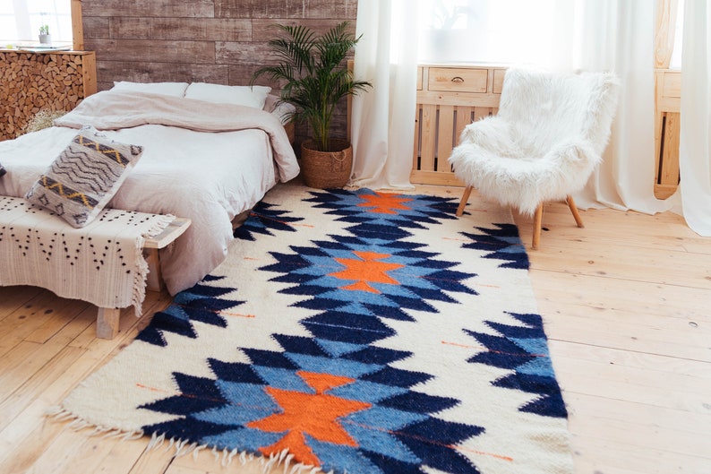 White Navy Blue Aztec Area Rug 92х56, Indigo Blue Boho Rug With Orange ...