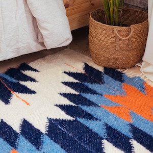 White Navy Blue Aztec Area Rug 92"х56", Indigo Blue Boho Rug With ...