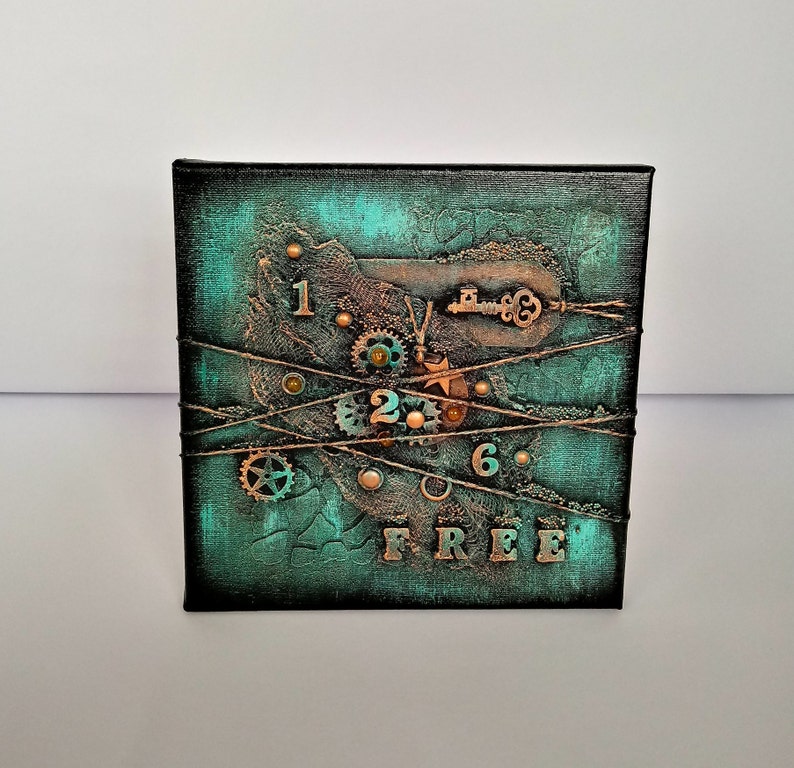 Mixed Media Canvas Steampunk Canvas Green Black Canvas | Etsy