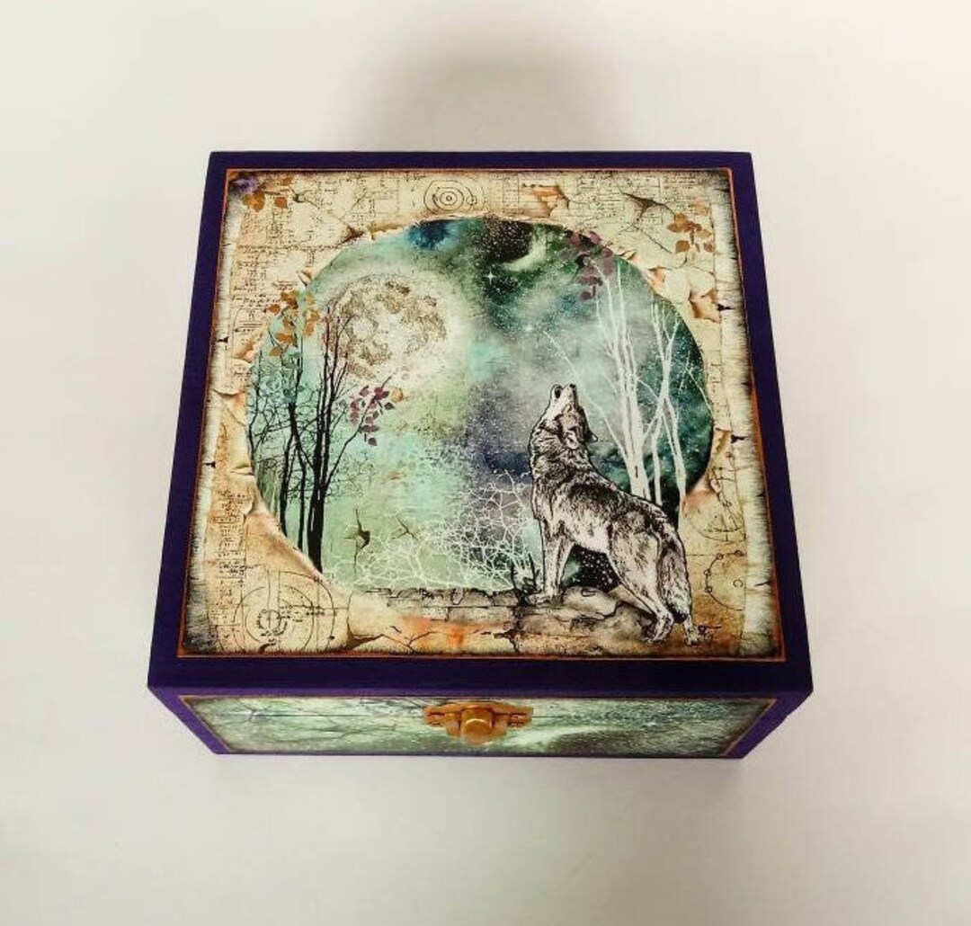 Wolf Magic Storage Box, Moon Box, Cosmos Box, Wooden Decorative Galaxy ...