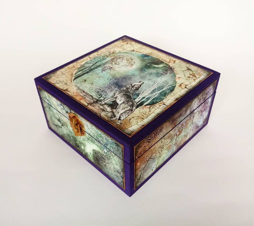 Wolf Magic Storage Box, Moon Box, Cosmos Box, Wooden Decorative Galaxy ...