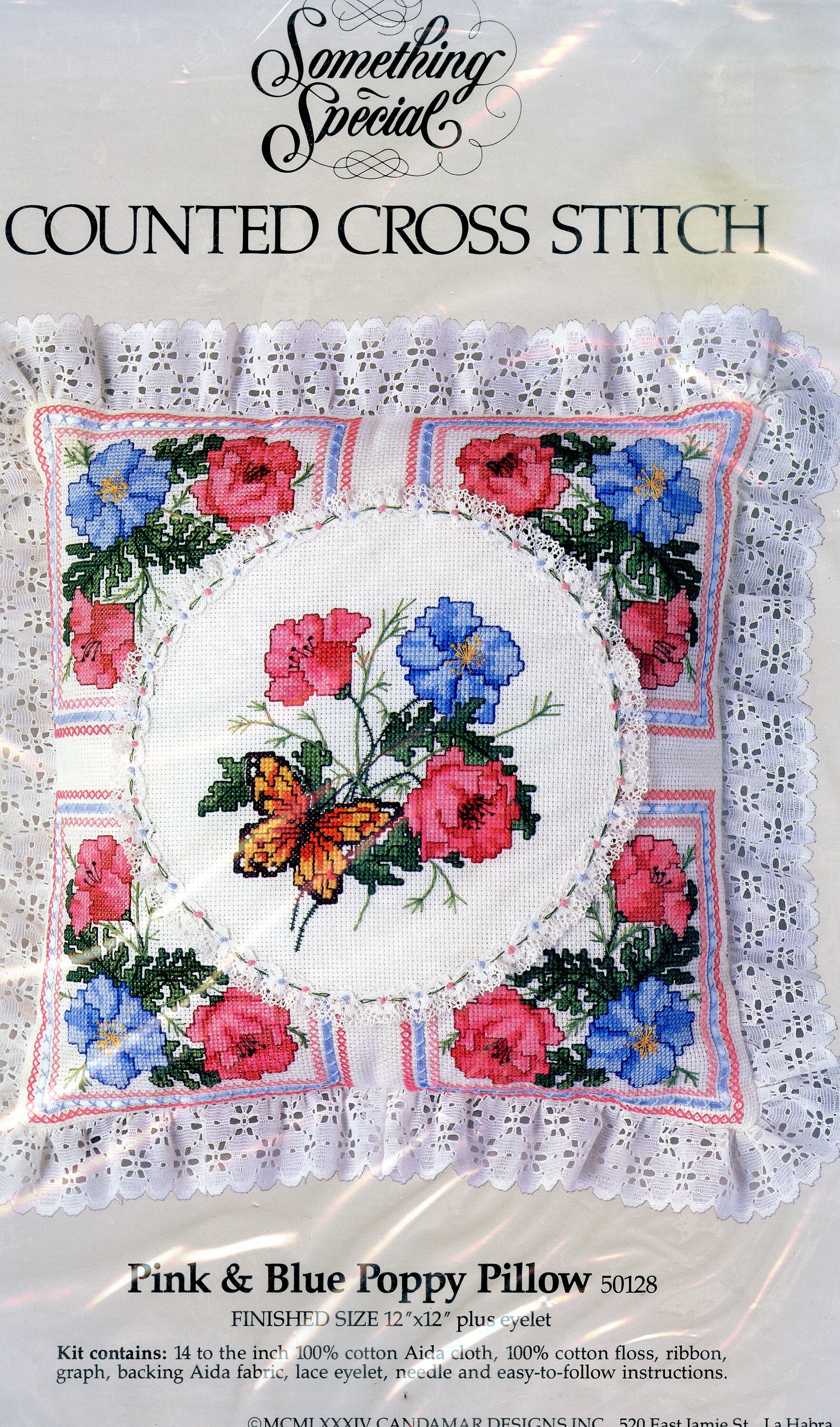 Candamar Designs Counted Cross Stitch " Pink and Blue Poppy Pillow " - Etsy
