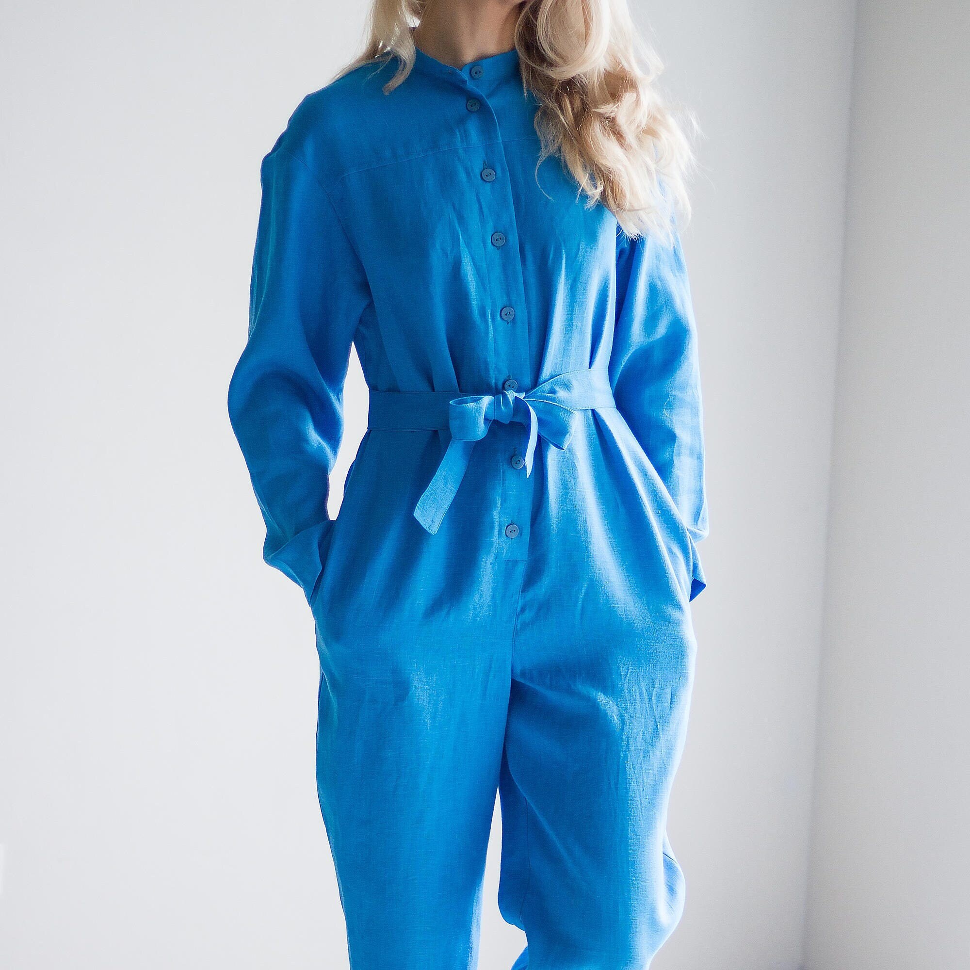 Linen Coveralls. Linen Jumpsuit. Long Sleeves Linen Jumpsuit. Washed ...