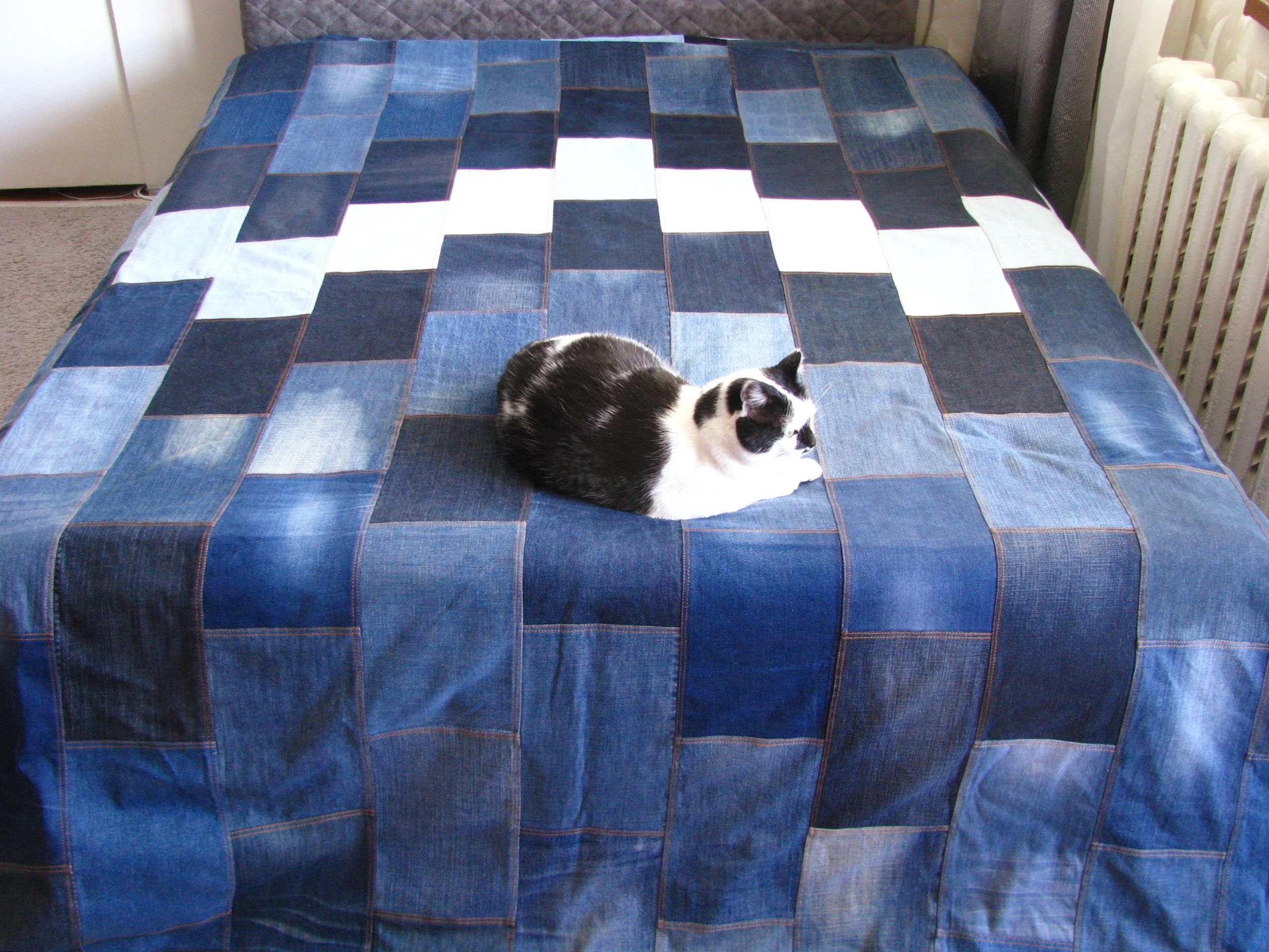 California King Jean Bedspread, Repurposed Denim Blanket, Brick Wall ...