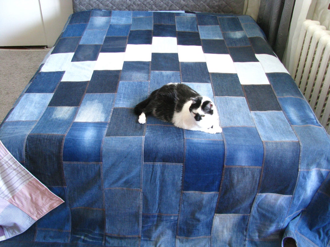 California King Jean Bedspread, Repurposed Denim Blanket, Brick Wall ...