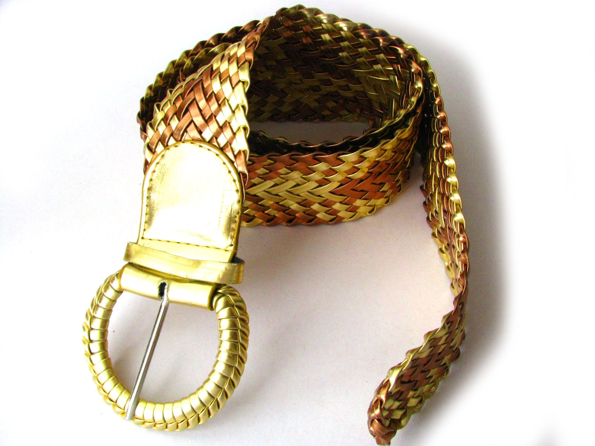 90's Gold Bronze cinturón trenzado de cuero ecológico, cinturón ...