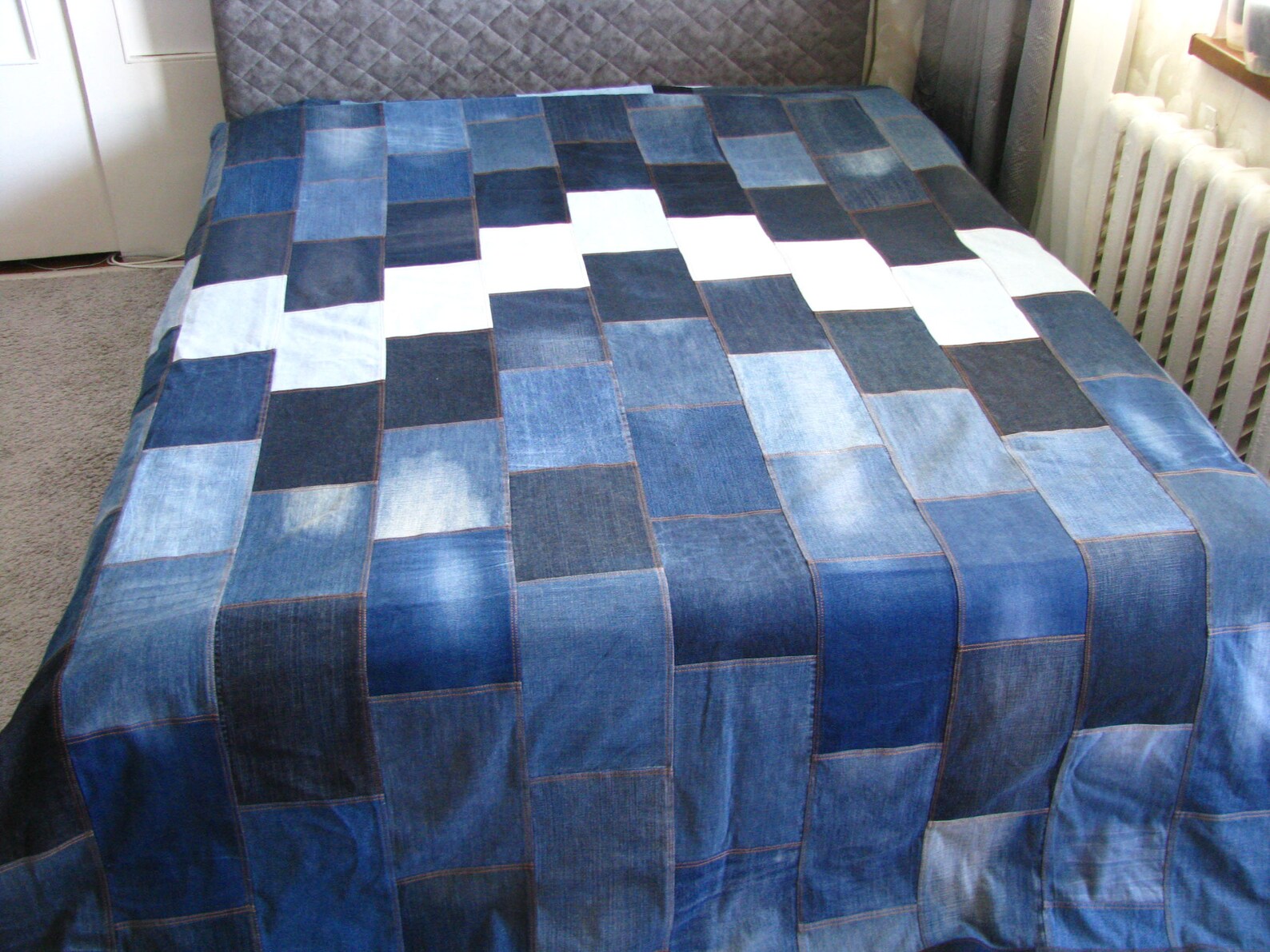 California King Jean Bedspread, Repurposed Denim Blanket, Brick Wall ...