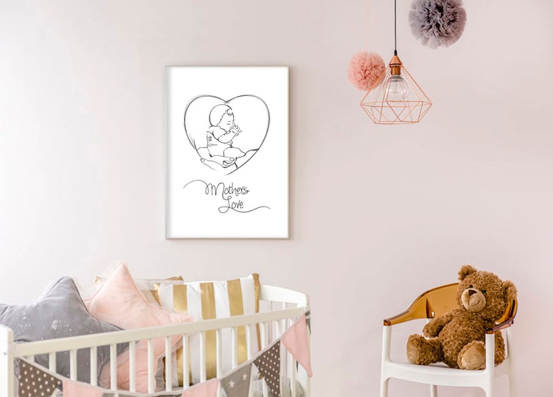Mothers Love - Line Drawing Print on a White Background, Baby in Heart ...