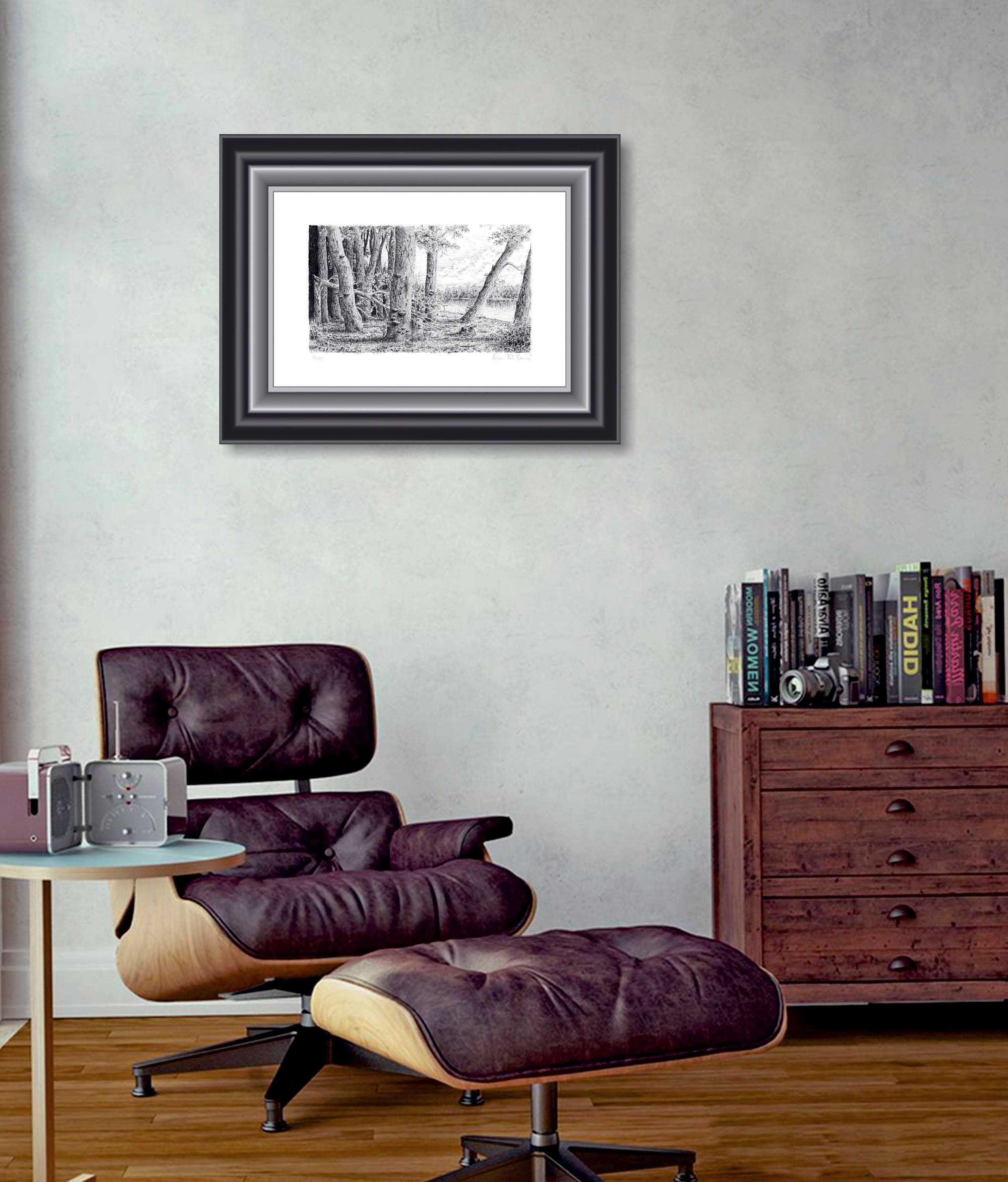 Forest Ink Drawing, Forest by the River Drawing, Landscape, Forest ...