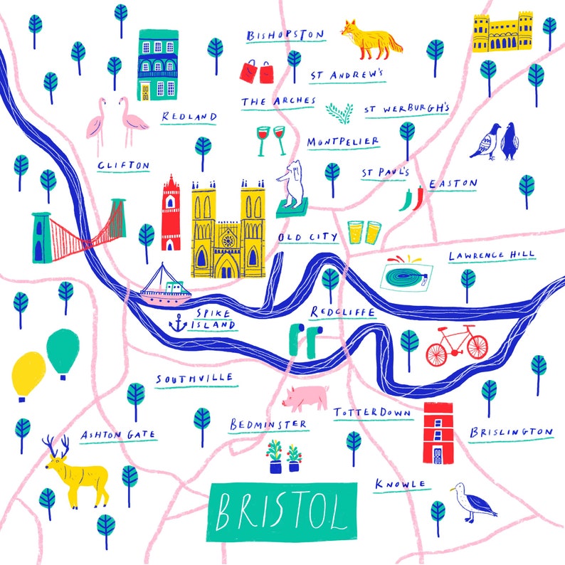 Illustrated Map of Bristol 21x21cm - Etsy