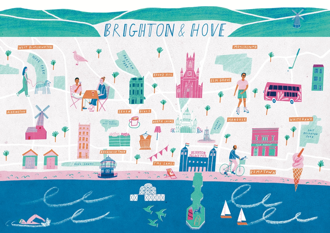 Brighton & Hove Illustrated Map Travel Print City Map | Etsy