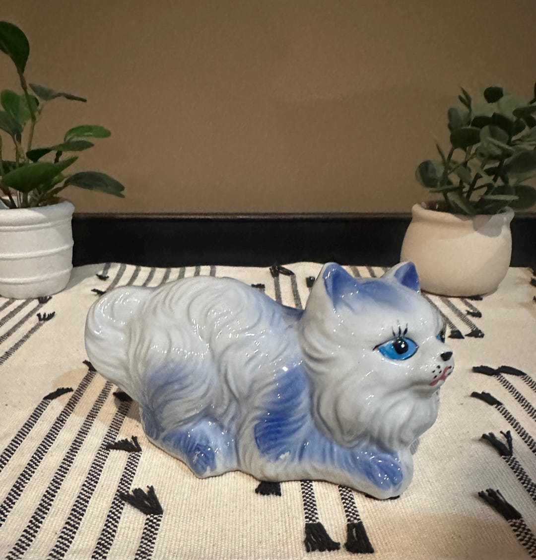 Vintage Blue and White Cat Figurine - Etsy