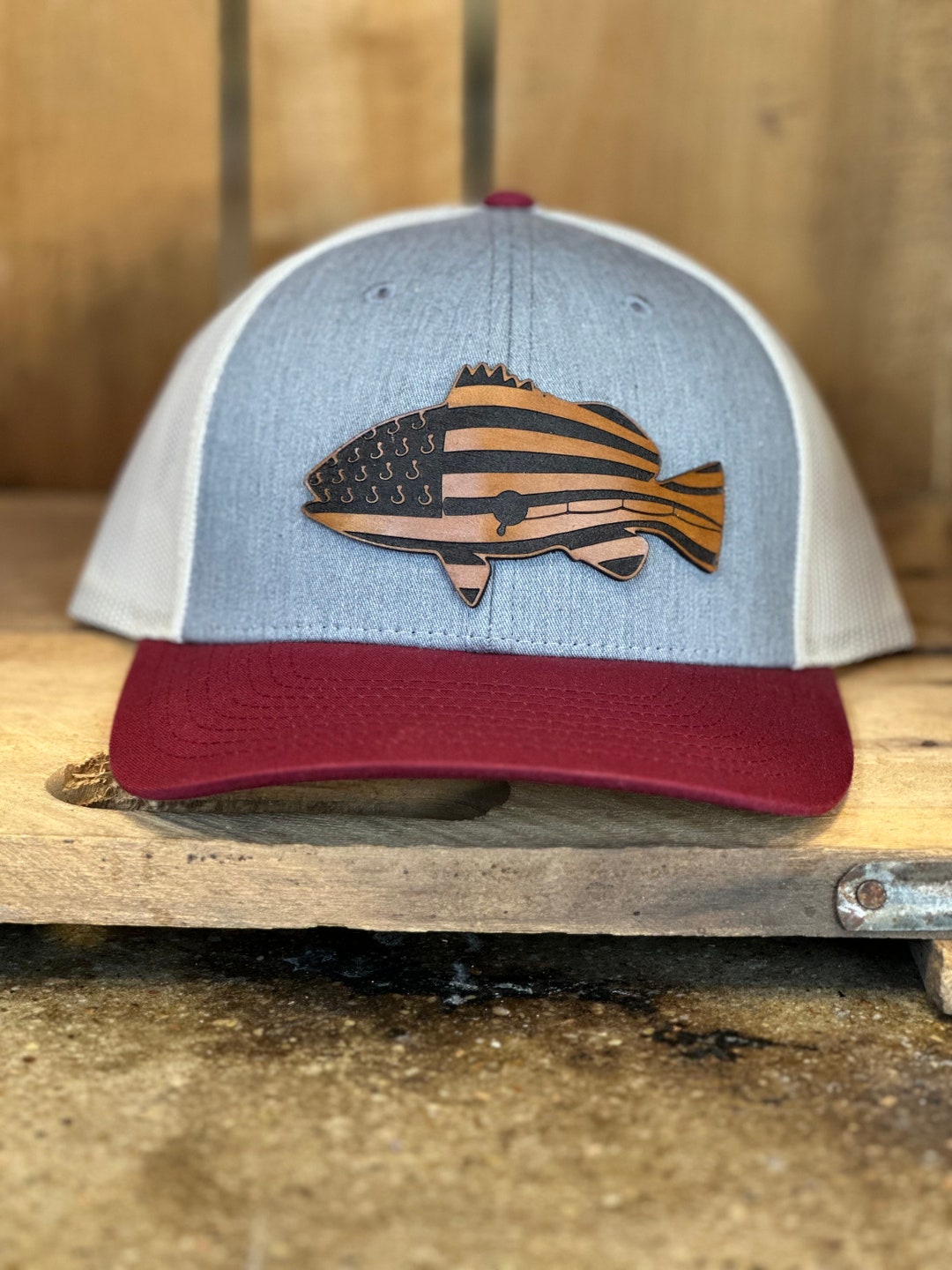 Fish Bass American Flag Leather Patch Trucker Hat - Bass Fishing Hat ...