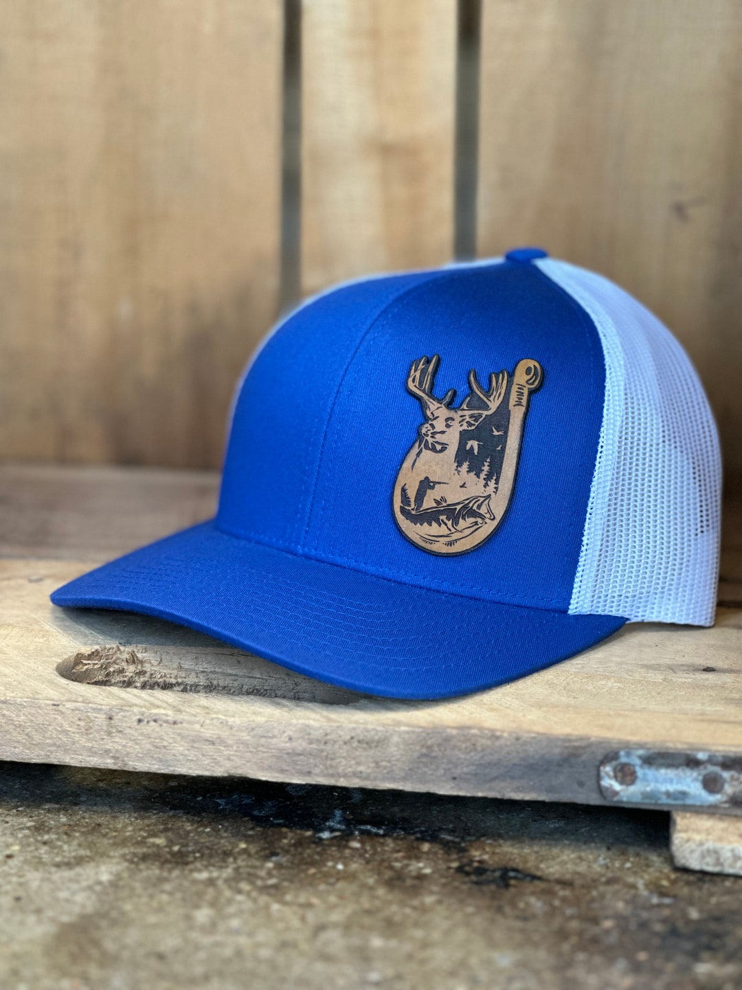 Hunting Fishing Leather Patch Trucker Hat - Deer Hunting - Duck Hunting ...