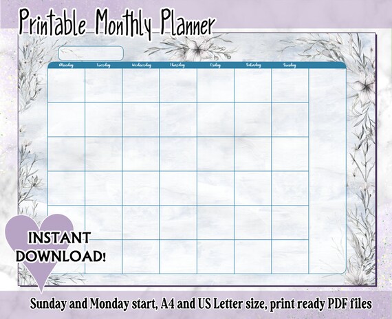 Printable Undated Monthly Calendar Monthly Planner Sunday - Etsy