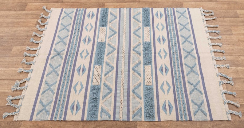 4X6 Soft Blue Beige Boho Chic Handwoven Cotton Rug, Moroccan Inspired ...