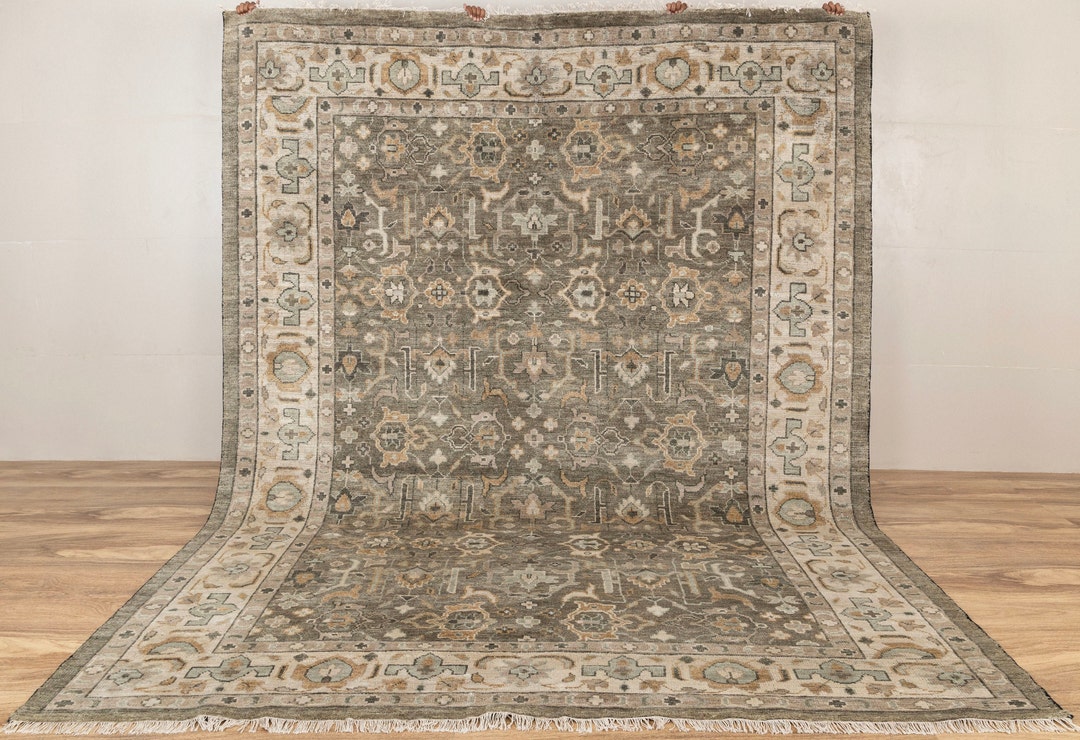 Olive Green Grey Persian Style Oushak, Modern Traditional Hand Knotted ...