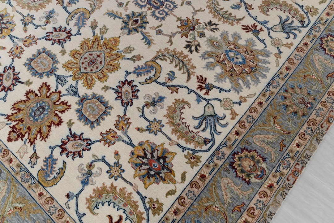 Ivory & Pacfic Blue 8x10 Indo Peshwari Rug Handknotted in Pure Nezeland ...