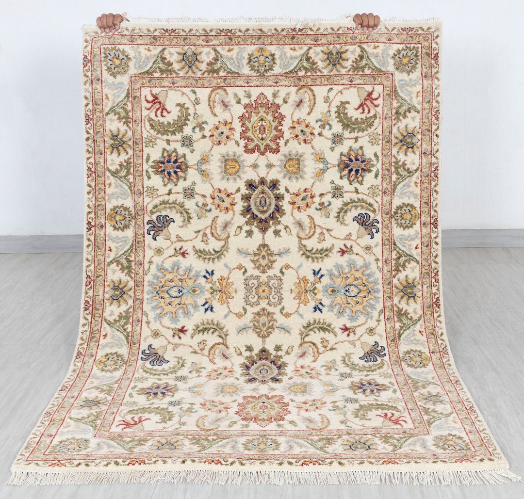 4x6 Floral Design Rug Cream Persian High Quality Hand Knotted Wool Rug ...