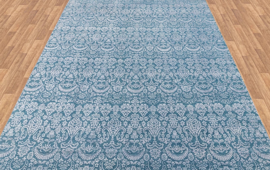 9x12 Area Blue Modern Floral Design Rug Blue Handmade Wool With Silk ...