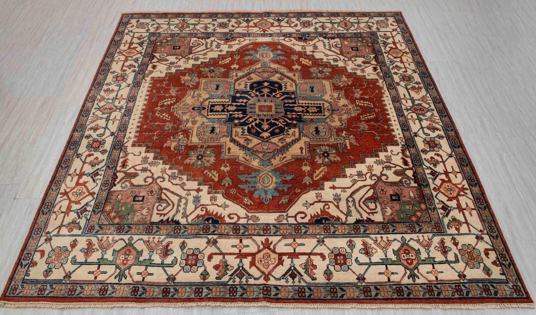 10x10 Square Rug Red Beige Classic Serapi Rug High Quality Hand Knotted ...