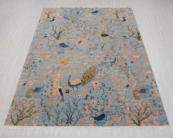 8x10 Turquoise Blue Colorful Birds Garden High Quality Hand Knotted ...