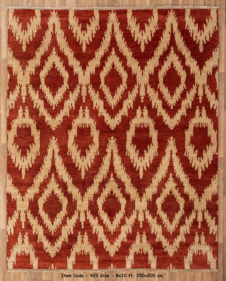 8x10 Area Rug Red Wool Ikat Design Hand Knotted Rug 423 | Etsy