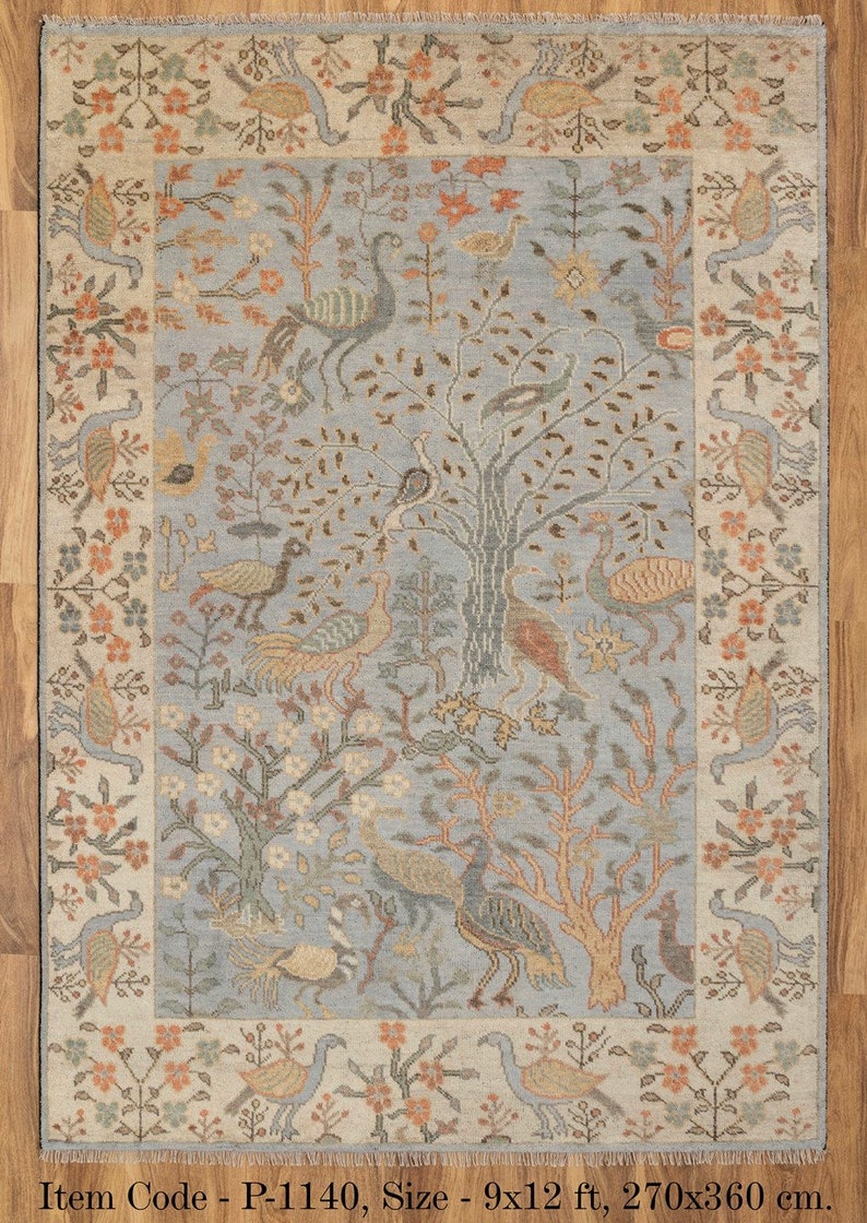 Blue Cream Birds Garden Oushak Soft Hand Knotted Hand Spun Wool Rug ...