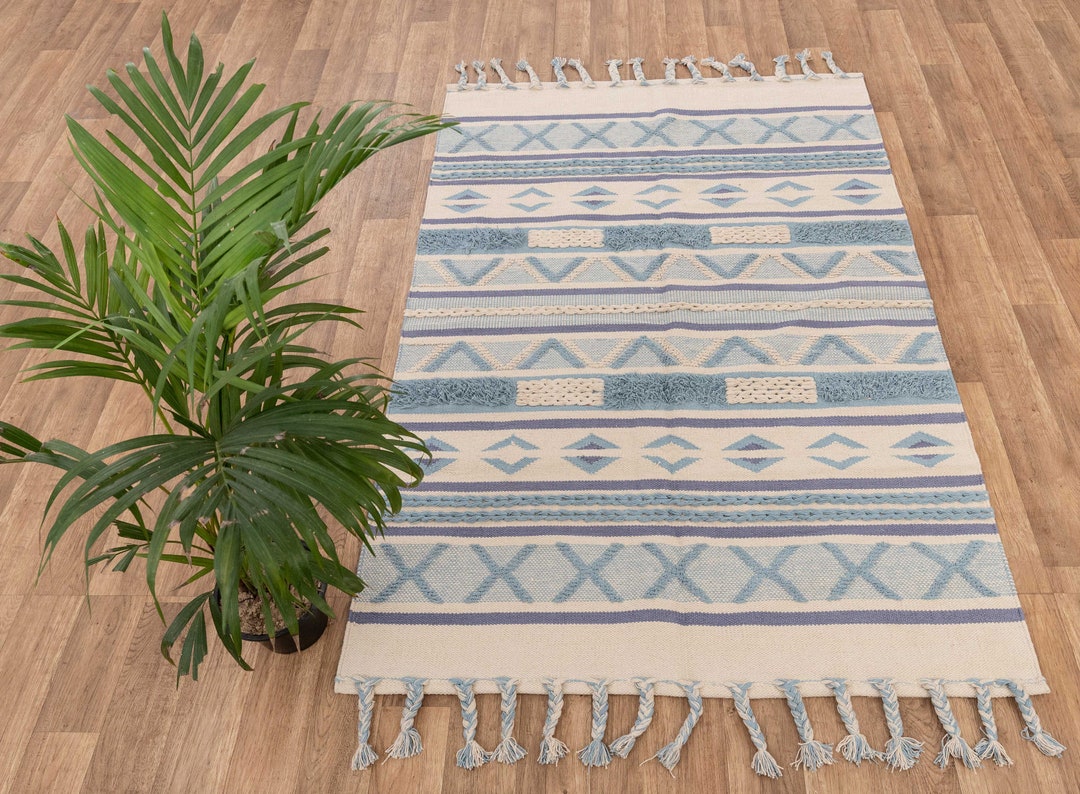 4X6 Soft Blue Beige Boho Chic Handwoven Cotton Rug, Moroccan Inspired ...
