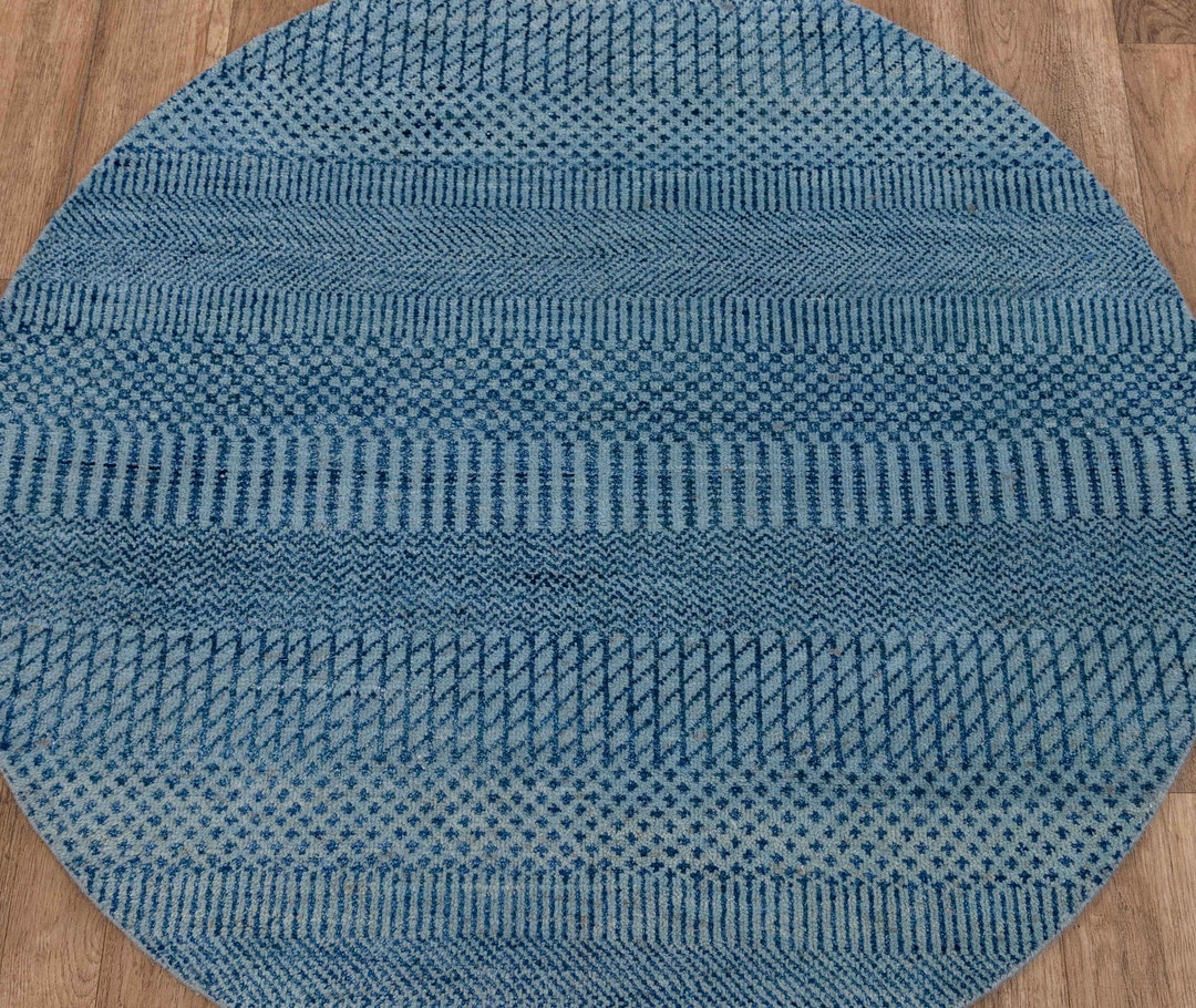 3x3 Savannah Round Blue Area Wool Rug , 3 Foot Round Handmade Sheep ...