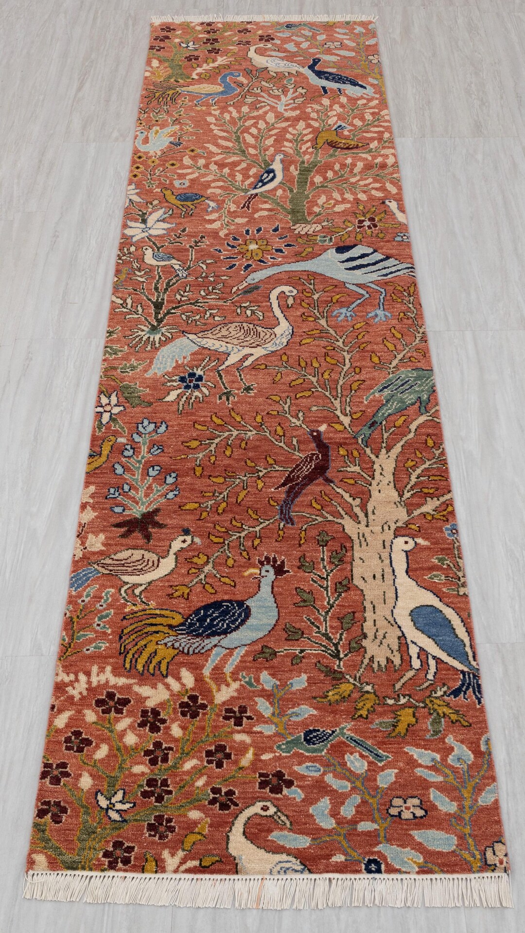 2.6x10/80x300cms. Rust Birds Runner Peacock Garden High Quality Hand ...