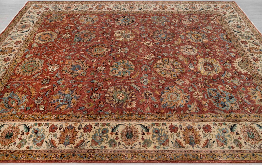 Rust Cream Persian Tabriz Reproduction Fine Density Soft Hand Knotted ...