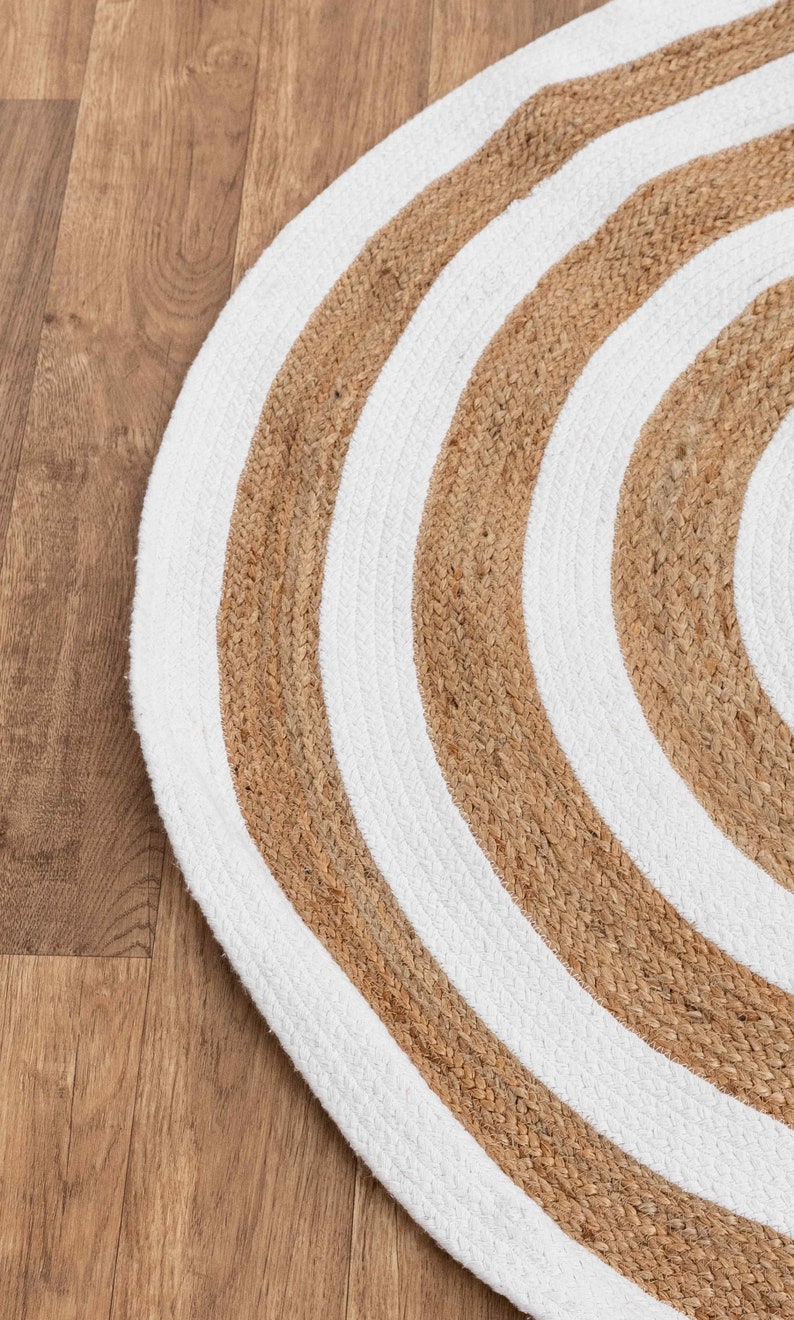 4x4 Round Rug Braided Jute Cotton With White | Etsy