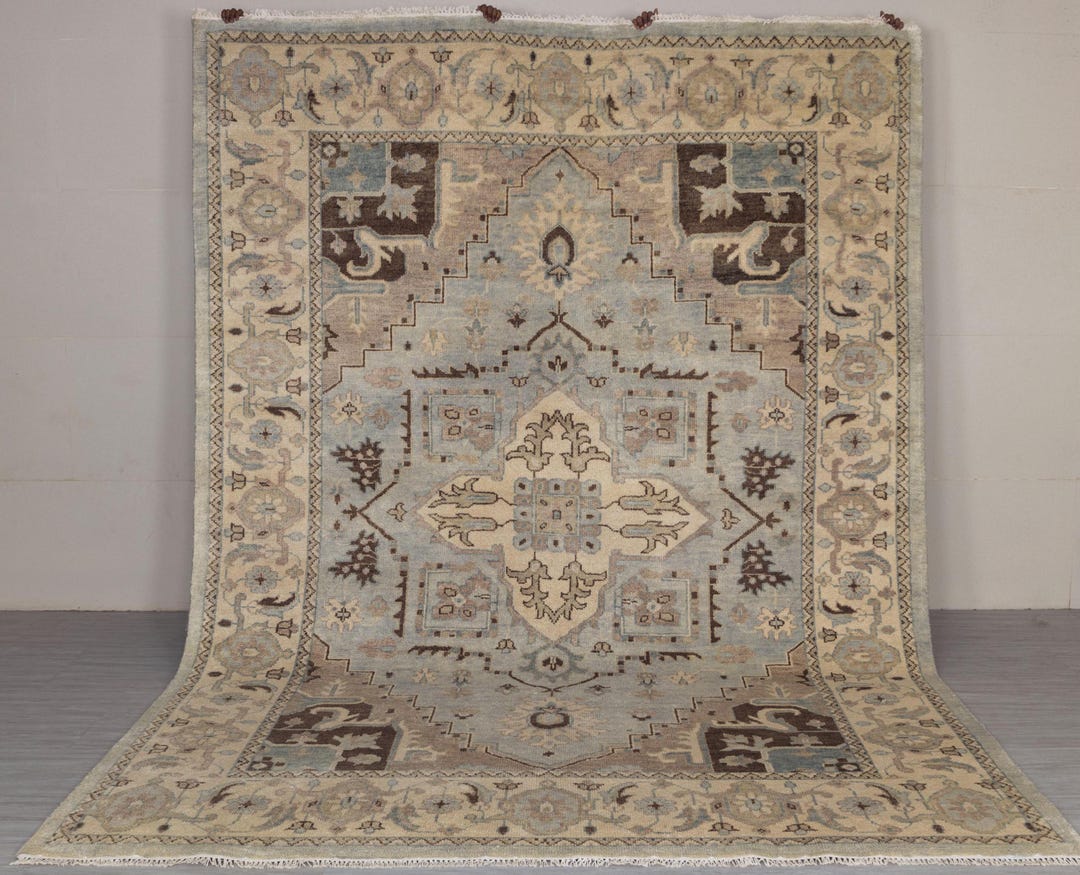 9x12 Light Blue Cream Serapi Heriz Hand Knotted Modern Oushak Persian ...