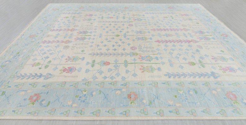 Cream Blue Garden Pine Tree of Life Rug Modern Oushak Rug Premium Wool ...