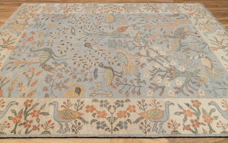 Blue Cream Birds Garden Oushak Soft Hand Knotted Hand Spun Wool Rug ...