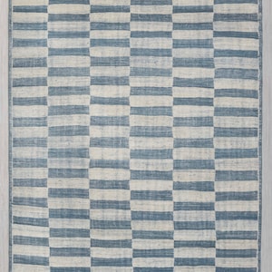 Moroccan Inspired Ivory Blue Distressed Chequred Hand Knotted Wool Rug ...