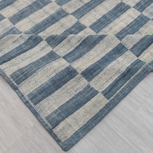 Moroccan Inspired Ivory Blue Distressed Chequred Hand Knotted Wool Rug ...
