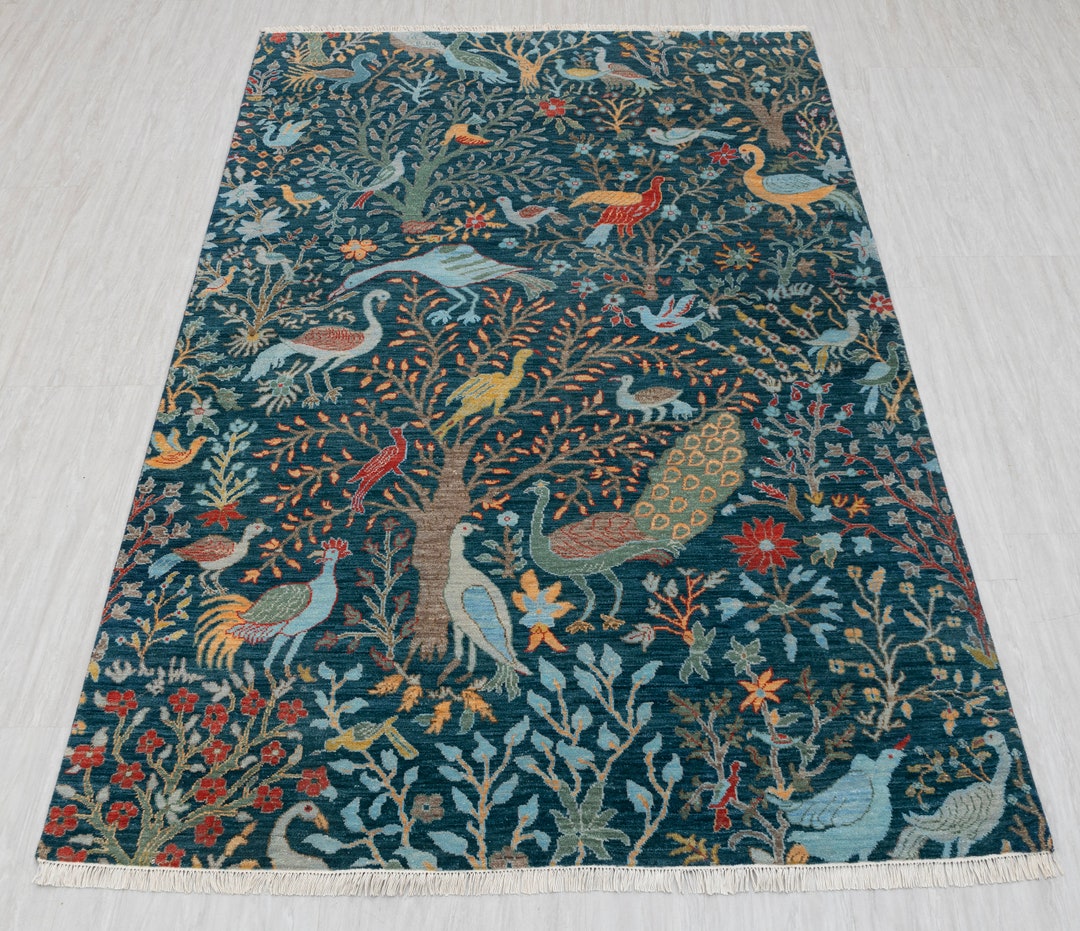 6x9 Blue Birds Garden Fine Quality Soft Hand Knotted Wool Rug JC-3019 ...