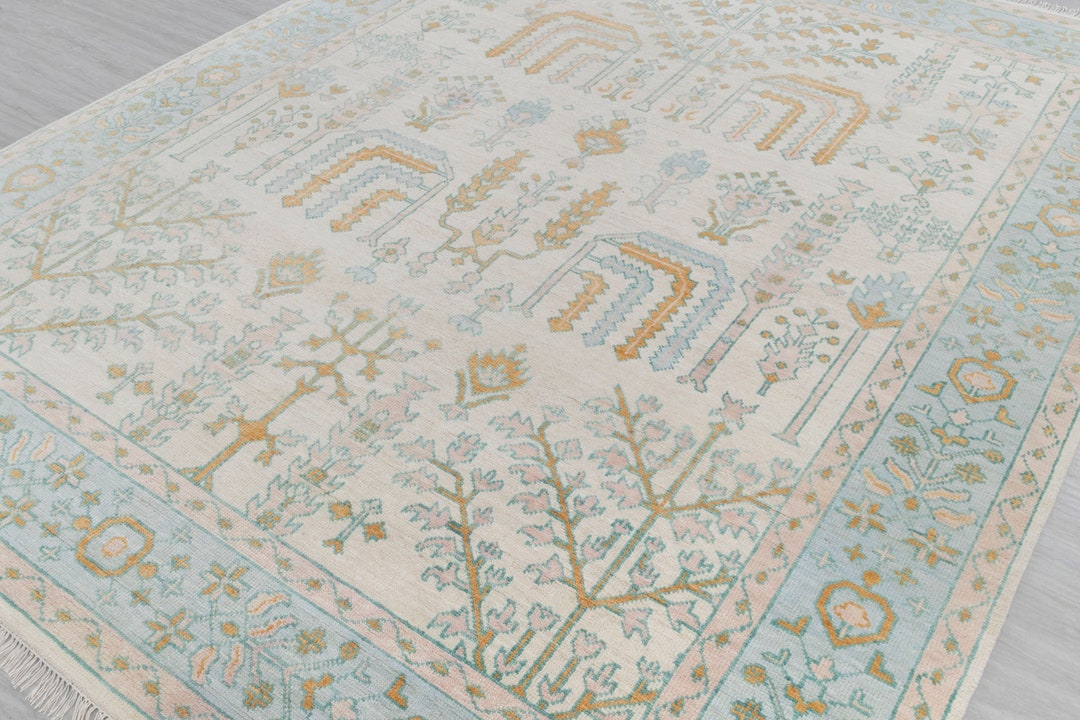 Cream White Blue Garden Pine Tree of Life Rug Modern Oushak Rug Premium ...