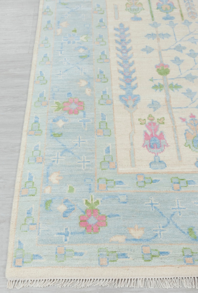 Cream Blue Garden Pine Tree of Life Rug Modern Oushak Rug Premium Wool ...