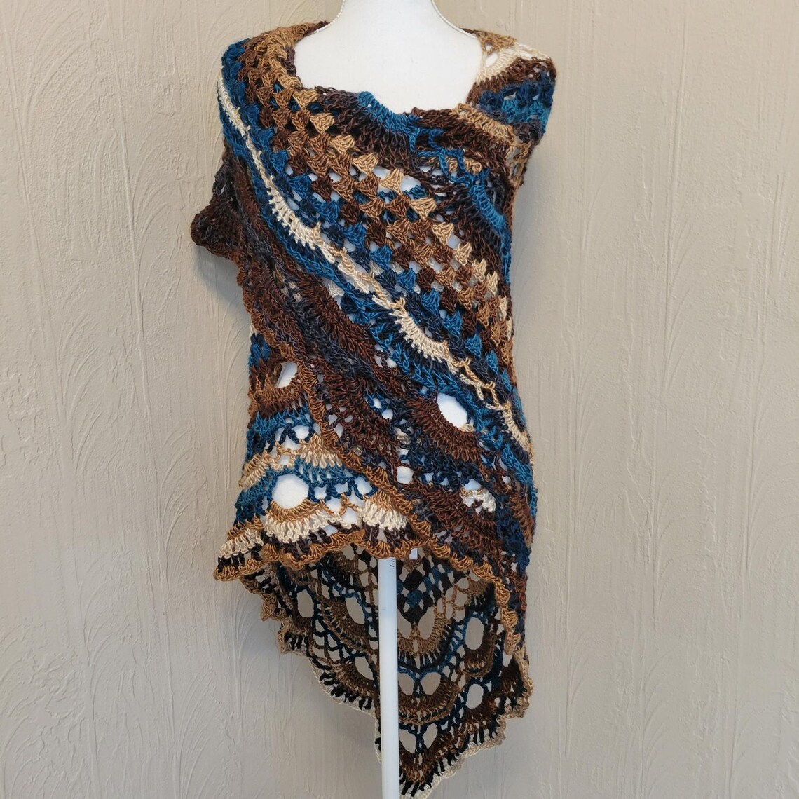 Boho Shawl Handmade Crochet Triangle Shawl Wrap Blue Brown White Ready ...