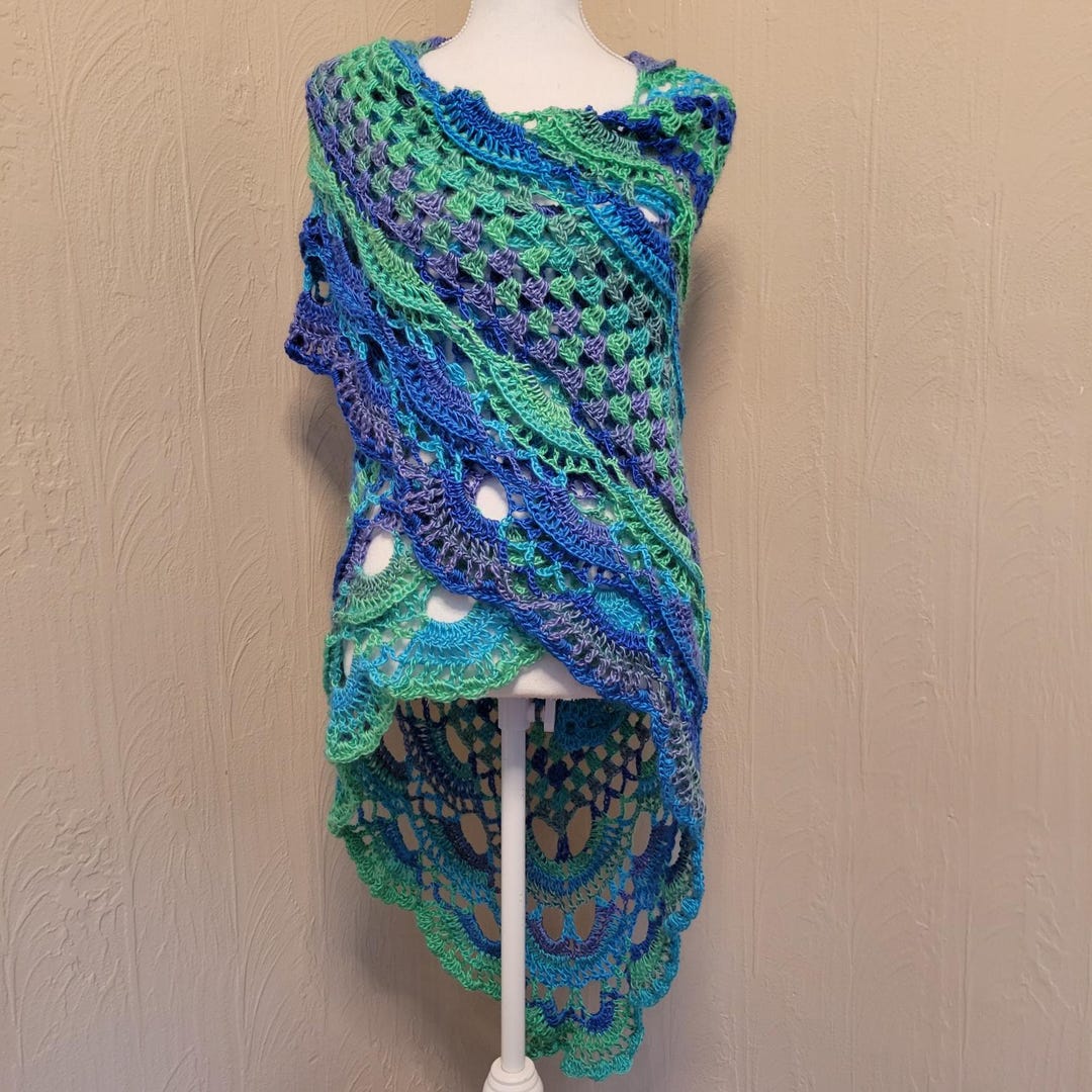 Boho Shawl Handmade Crochet Triangle Shawl Wrap Bright Blue Green ...