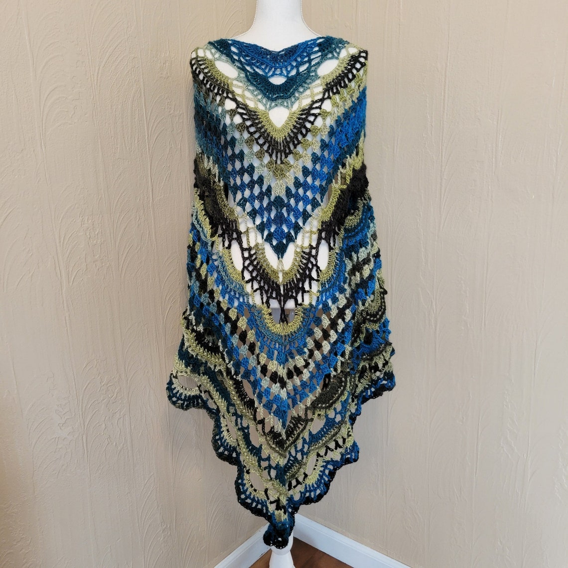 Boho Shawl Handmade Crochet Triangle Shawl Wrap Blue Teal Olive Green ...